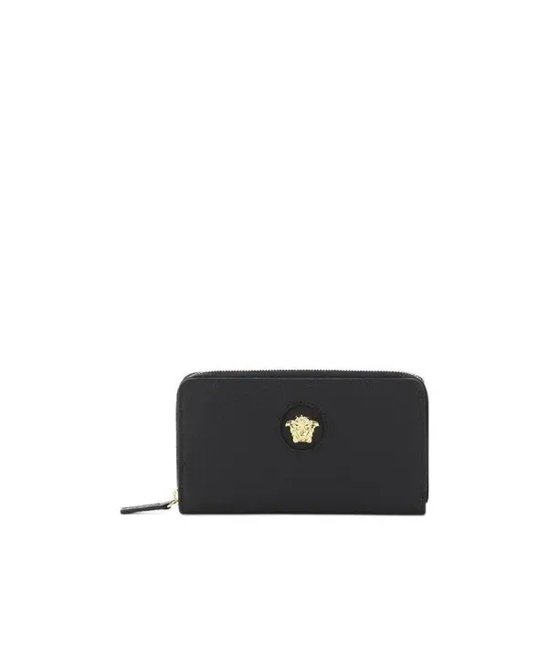 Versace Logo Detailed Zipped Wallet - Black