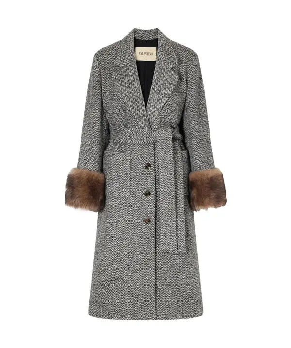 Valentino Garavani Belted Herringbone Coat - Gray