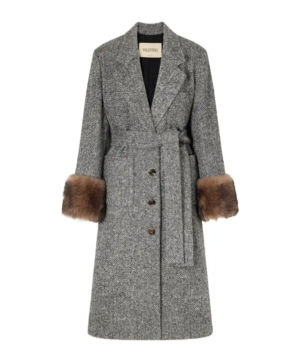 Valentino Garavani Belted Herringbone Coat - Gray