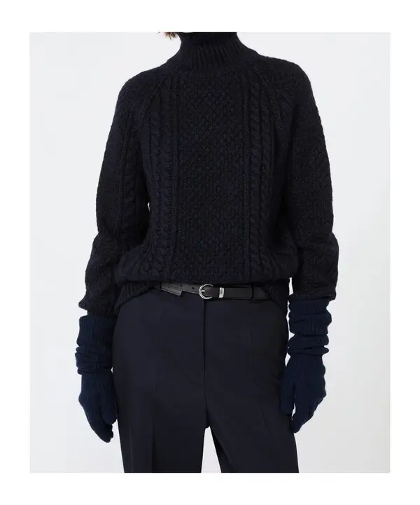 Max Mara Wool Yarn Turtleneck Aran Jumper Navy