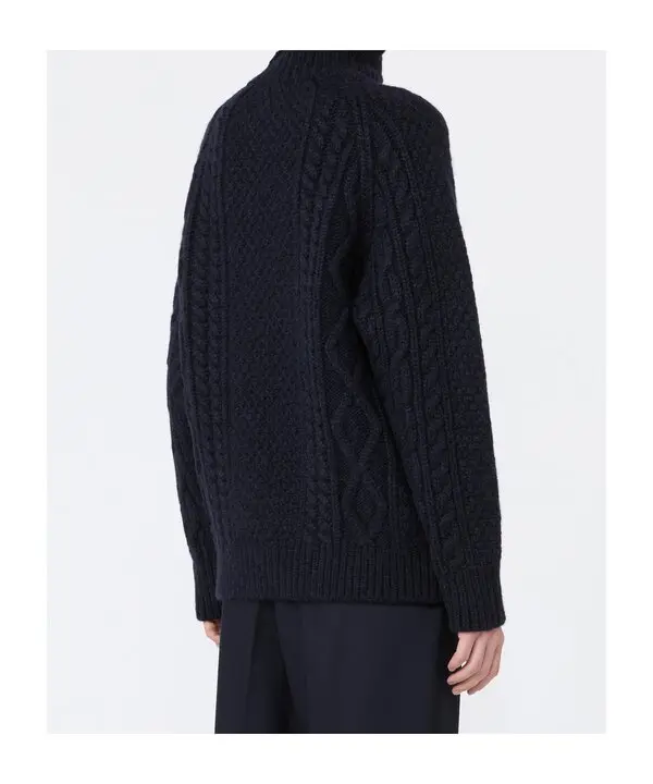 Max Mara Wool Yarn Turtleneck Aran Jumper Navy