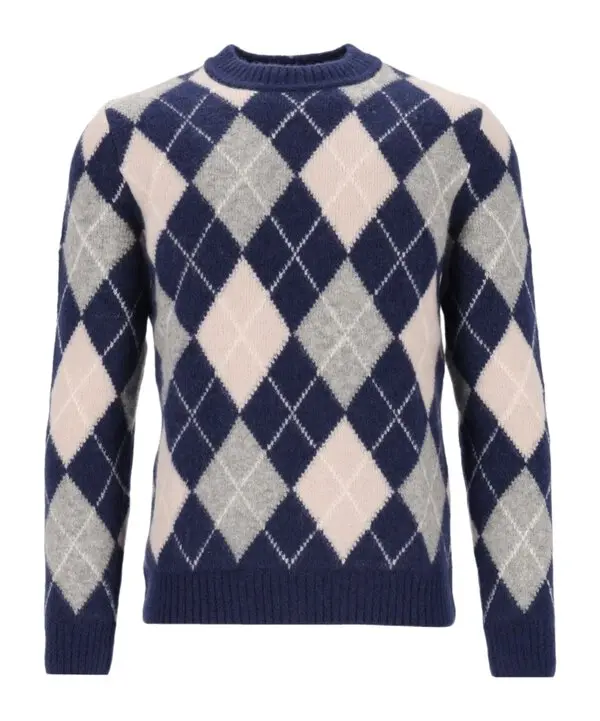 Eleventy Argyle Crew-neck Knitted Sweater - Blue And Multicolor