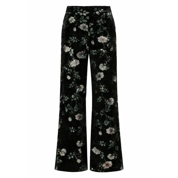 TRAFFIC PEOPLE Swan Song Metallic Velvet Floral Edith Wide Leg Trousers - Black