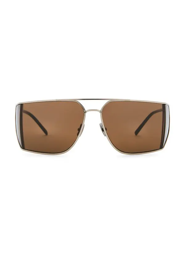 Saint Laurent Metal Rectangular Sunglasses In Metallic Silver - Silver & Brown
