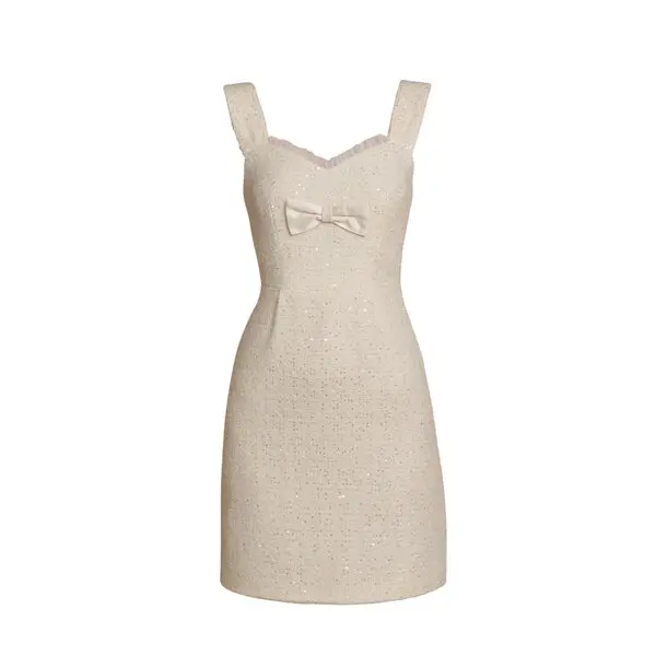 SANTINNI Jackie Wool Tweed Dress In Bianco - White