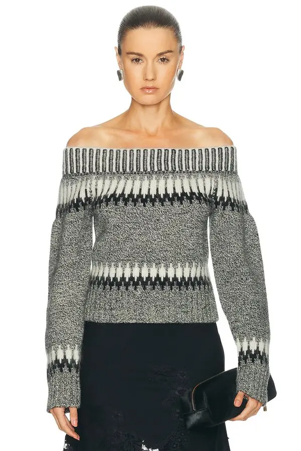 Monse Fair Isle Off Shoulder Sweater In Grey