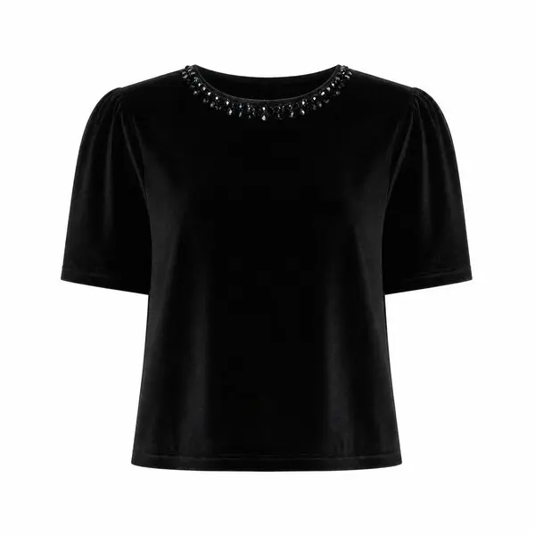 YUMI Velvet Embellished Neck Top