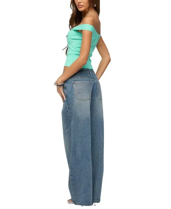 EDIKTED Rhinestone Low Rise Wide Leg Jeans