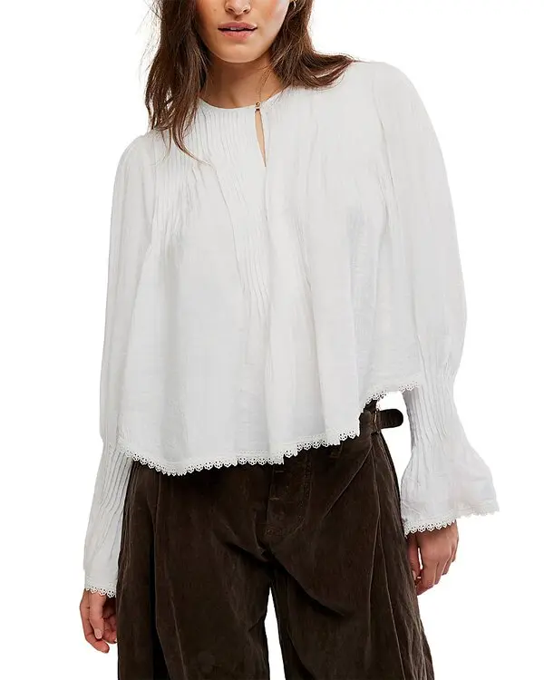 Free People Thousand Pintucks Lace Trim Blouse