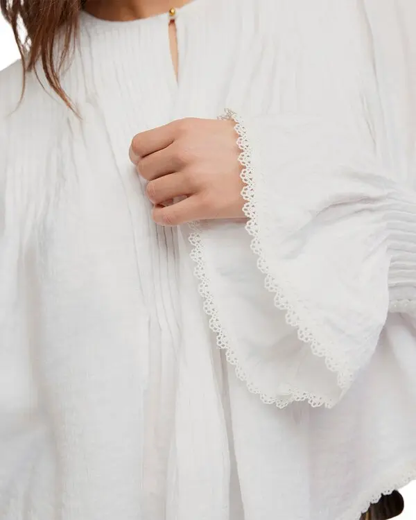 Free People Thousand Pintucks Lace Trim Blouse