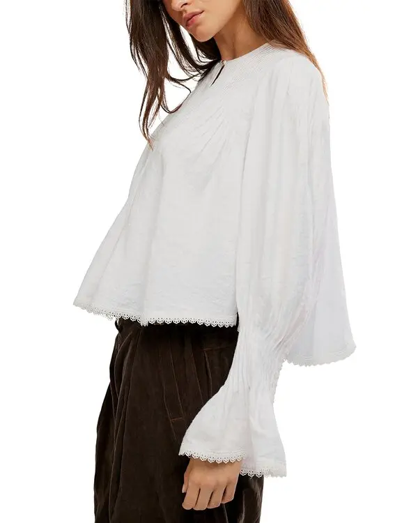Free People Thousand Pintucks Lace Trim Blouse