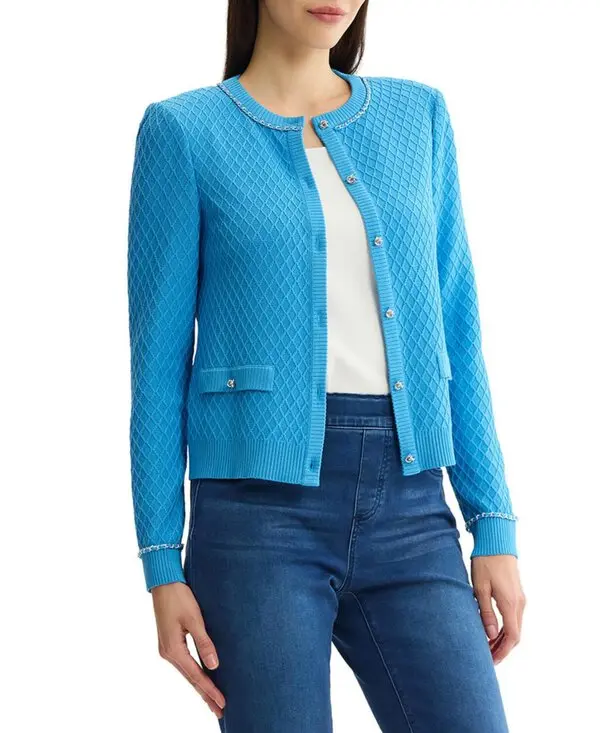 Ming Wang Raised Diamond Ribbed Knit Cardigan