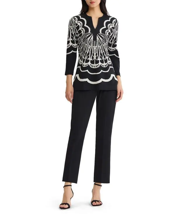 Ming Wang Feminine Soft Jacquard Knit Tunic - Black/ivory