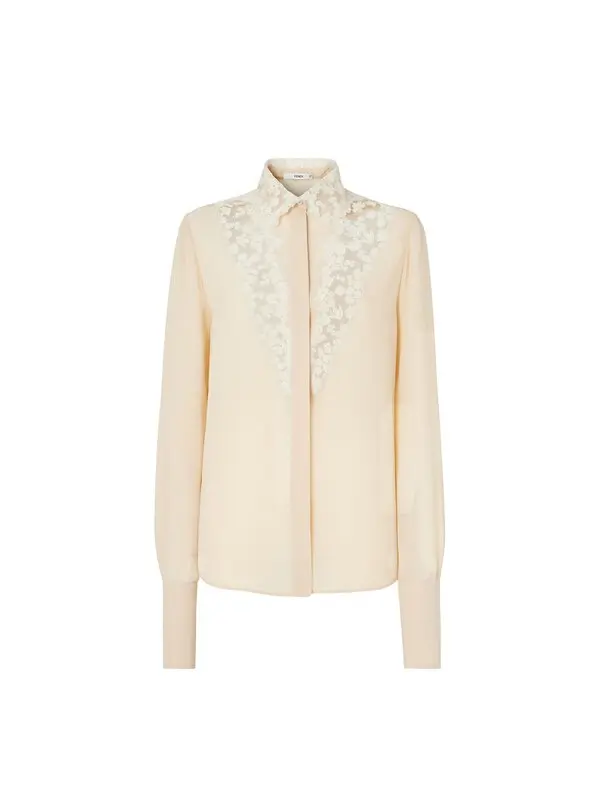 Fendi Beige Slim-fit Silk Shirt With Peony Lace V-insert Detailing And Hidden-button Front - White