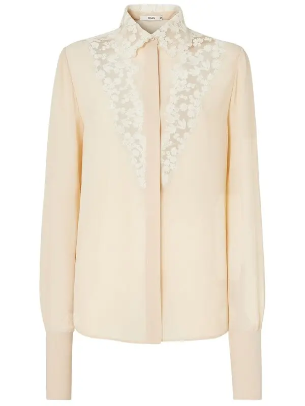 Fendi Beige Slim-fit Silk Shirt With Peony Lace V-insert Detailing And Hidden-button Front - White