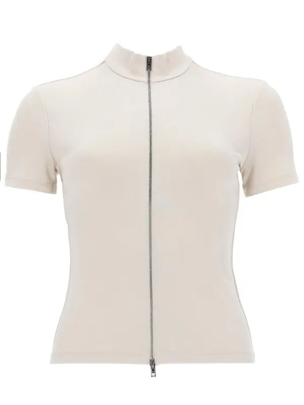 Alexander Wang Fitted Zip-front Short-sleeve Mock Neck Top - Ivory