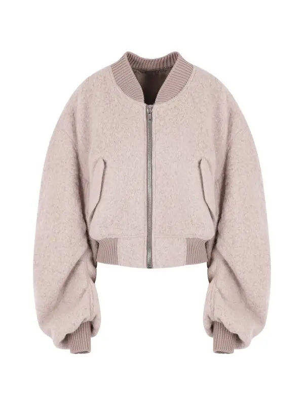 Rick Owens Ruched Sleeve Cropped Wool Bomber Jacket With Elasticized Hem And Cuffs - Pink