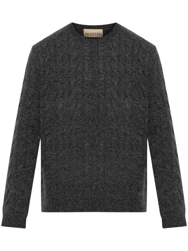 Valentino Garavani Merino Wool Cable Knit Sweater With Regular Fit And Crew Neck - Grey