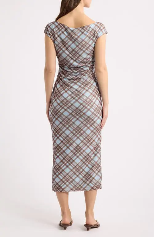 PETAL & PUP Clea Off The Shoulder Mesh Midi Dress - Blue Plaid