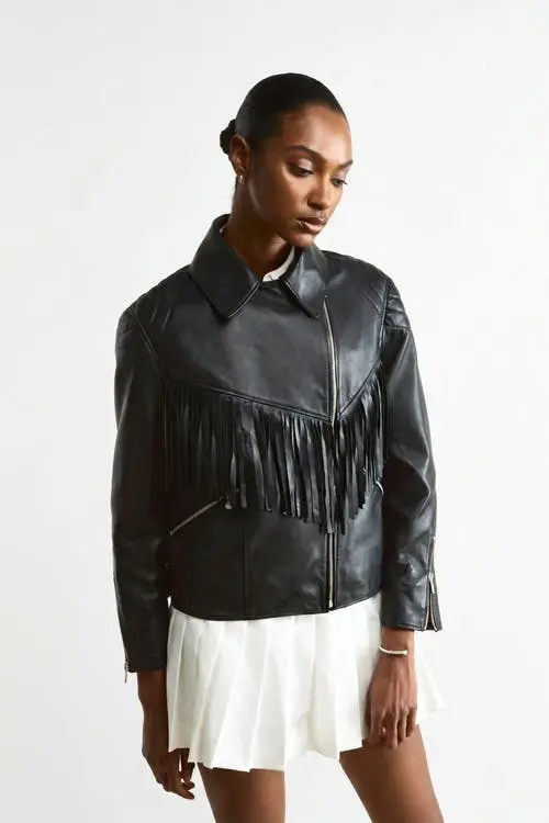 FURNIQ UK Dakota Fringed Leather Jacket - Black