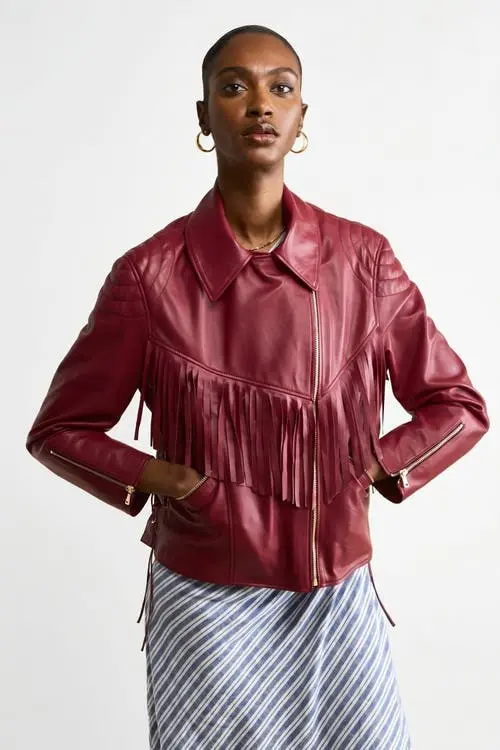 FURNIQ UK Dakota Fringed Leather Jacket - Light Burgundy