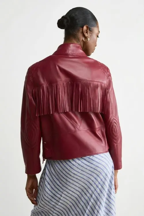 FURNIQ UK Dakota Fringed Leather Jacket - Light Burgundy