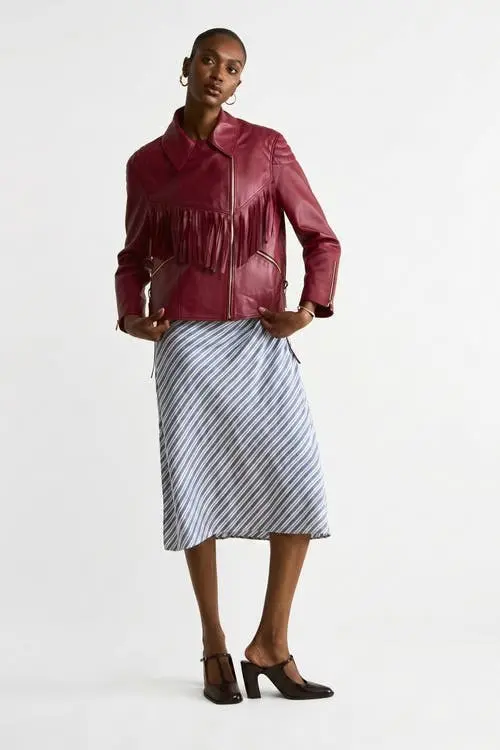 FURNIQ UK Dakota Fringed Leather Jacket - Light Burgundy