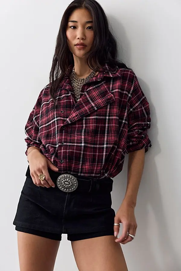 Free People We The Free Elisson Plaid Top - Black Combo