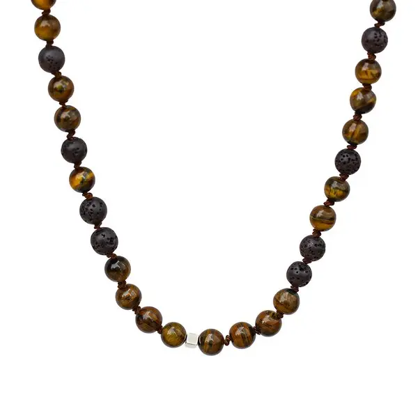 AMONTA Brown / Black / Silver Grounded – Tiger’s Eye, Lava & Silver Silk Necklace - Brown/black/silver