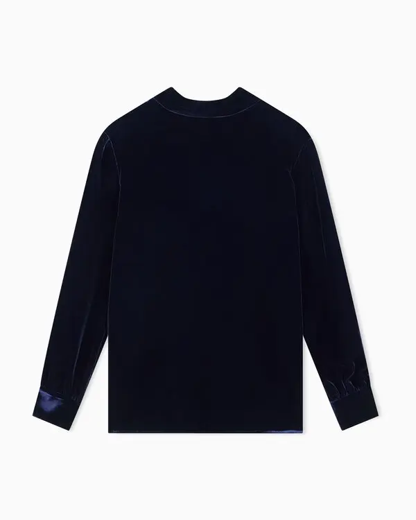 Giorgio Armani Blouse In Velvet With Stand-up Collar And Ribbons - Blue