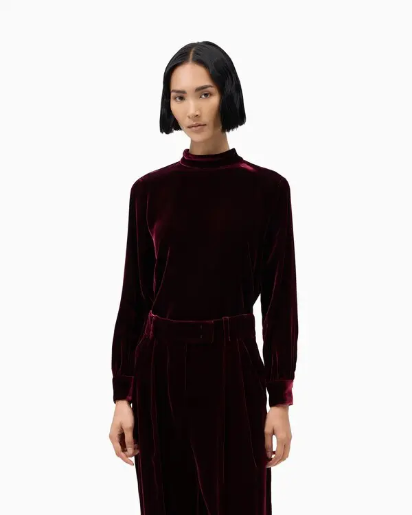 Giorgio Armani Blouse In Velvet With Stand-up Collar And Ribbons - Burgundy