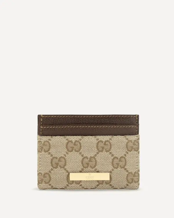 Gucci Gg Monogram Card Holder With Logo Plaque - Beige