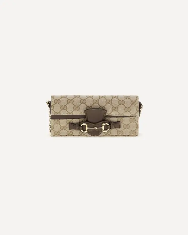 Gucci Gg Fabric Chain Wallet With Horsebit - Beige