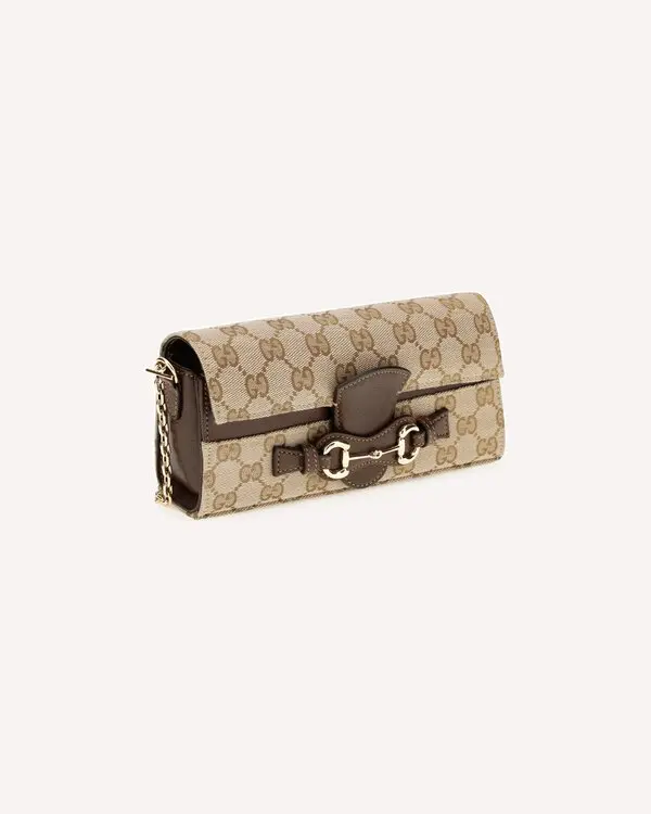 Gucci Gg Fabric Chain Wallet With Horsebit - Beige