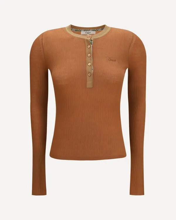 Chloé Ultra-fine Wool Knit Henley Top - Beige