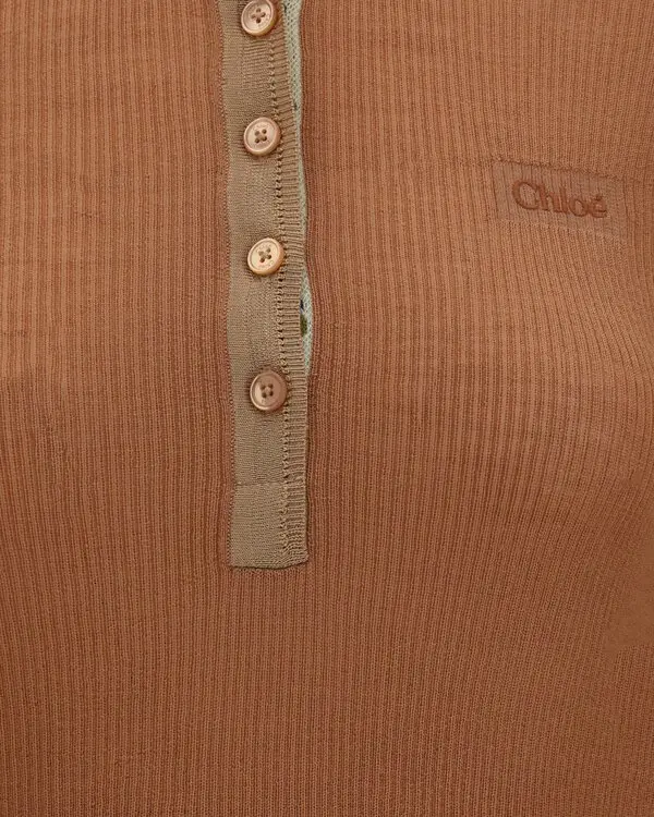 Chloé Ultra-fine Wool Knit Henley Top - Beige