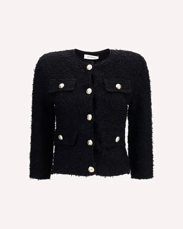 Balmain Double-breasted Tweed Cropped Jacket With Logo Buttons