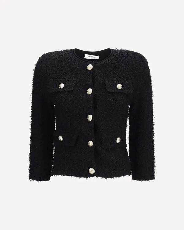 Balmain Double-breasted Tweed Cropped Jacket With Logo Buttons - Black