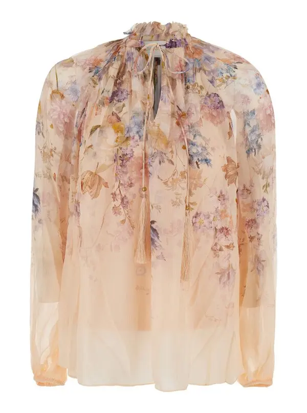 Zimmermann Valiant Billow Blouse With Wide Sleeves And Collar, In Viscose, Color Pink - Multicolor