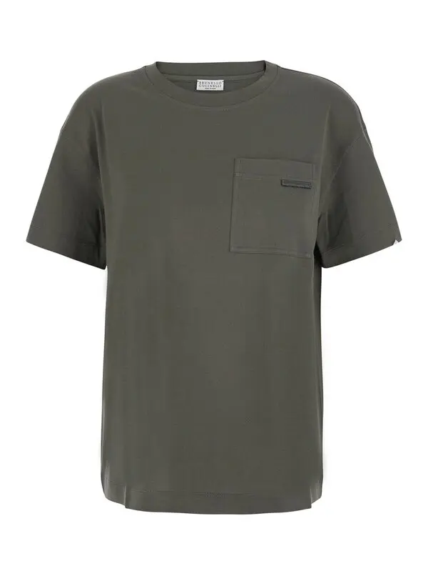 Brunello Cucinelli T-shirt With Monile Detail Applied On The Front In Cotton For - Green