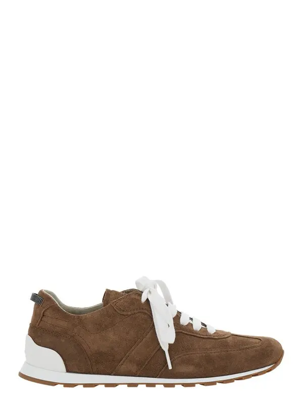 Brunello Cucinelli Brown Low Top Sneaker With Monile Detail On The Back In Suede For - Multicolor