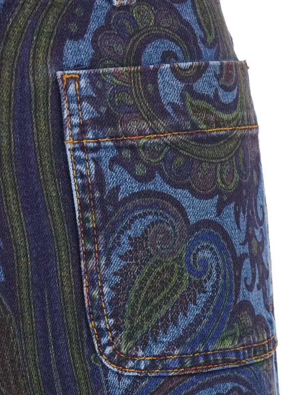 Etro Blue Jeans With Patch Logo On The Back And All-over Print In Denim
