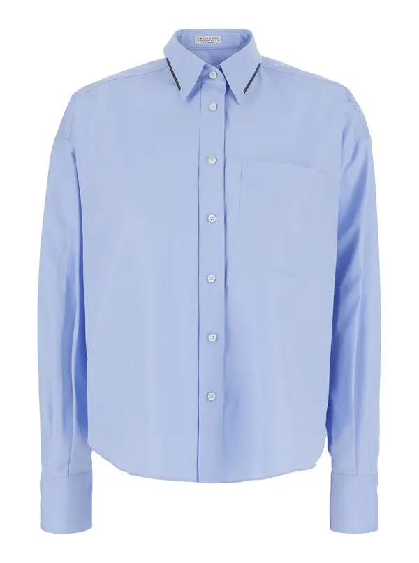 Brunello Cucinelli Light Blue Shirt With Monili Decoration On The Collar In Cotton - Multicolor