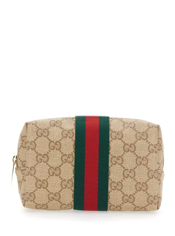 Gucci Beige Clutch With Web And Top Zip Closure In Gg Canvas For - Multicolor