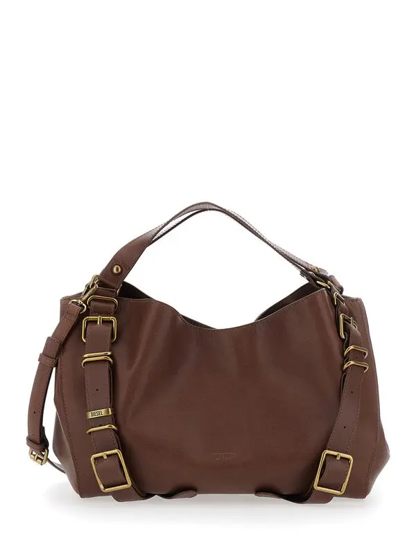DIESEL® D-one Tophandle Medium Shoulder Bag With Metal Details And Logo - Brown
