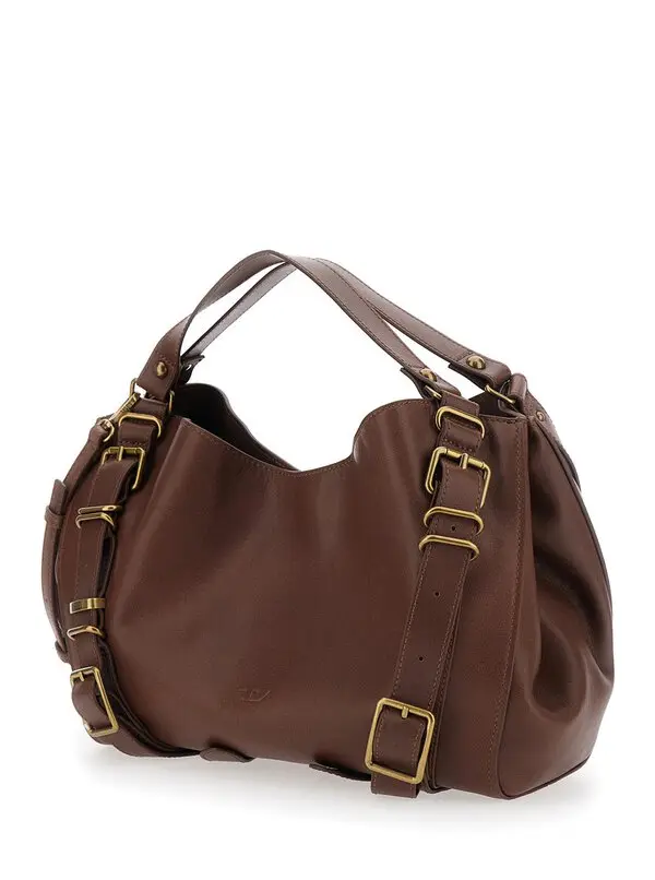 DIESEL® D-one Tophandle Medium Shoulder Bag With Metal Details And Logo - Brown