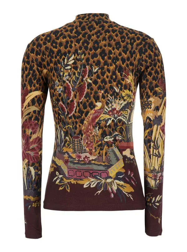 Etro Brown High-neck Sweater With Animal Motif All-over In Wool Blend - Multicolor
