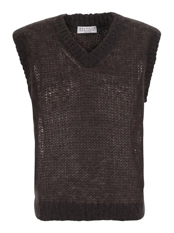 Brunello Cucinelli Brown Sleeveless Top With V-neck And Monile Detail In Blend Wool For - Multicolor