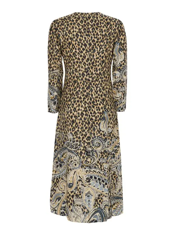 Etro Brown Round Neck Dress With Floral Animalier Print In Tech Fabric - Multicolor