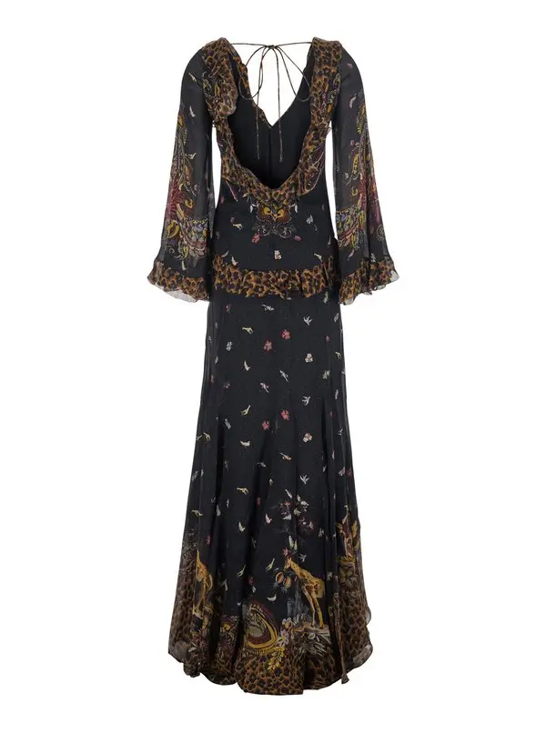 Etro Brown Long Dress With V-neck And Ruffled Sleeves In Tech Fabric - Multicolor